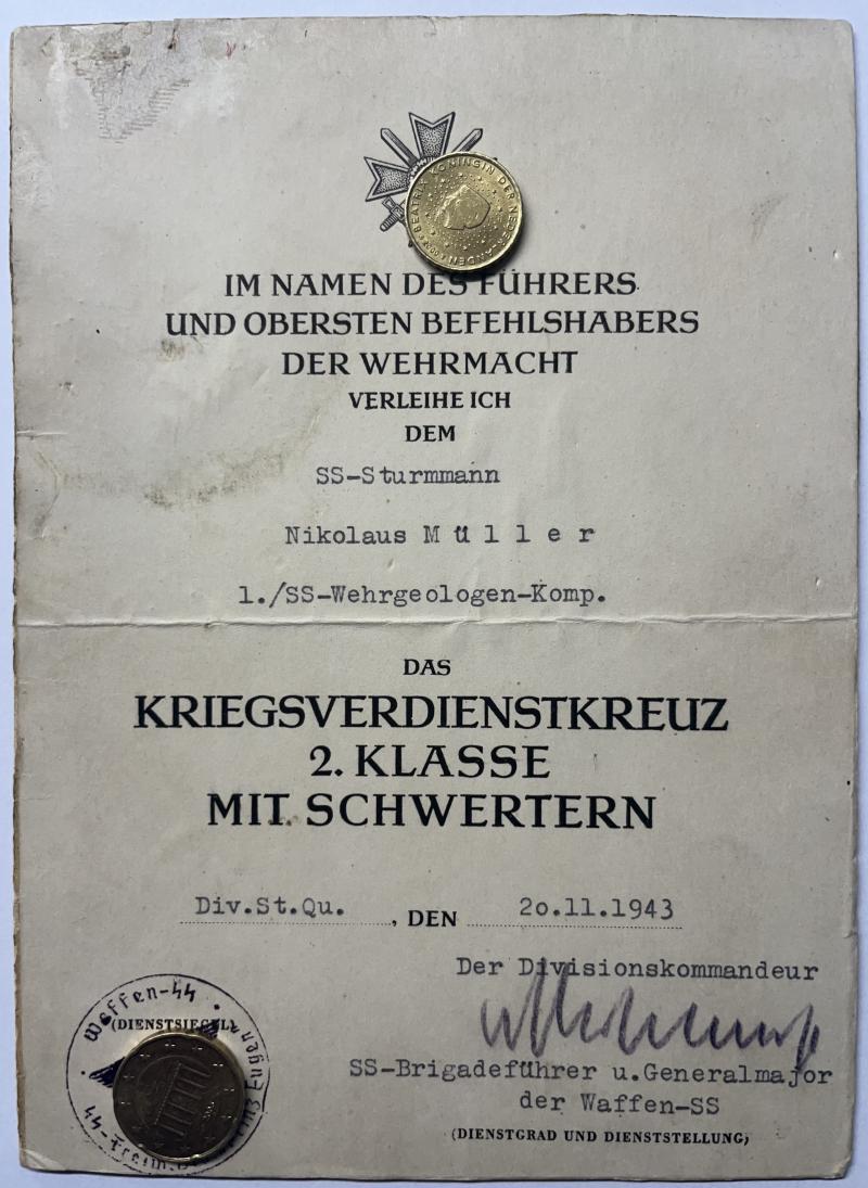 Kurland Docs | 'Waffen-SS" citation - SS-Wehrgeologen-Komp. - Müller